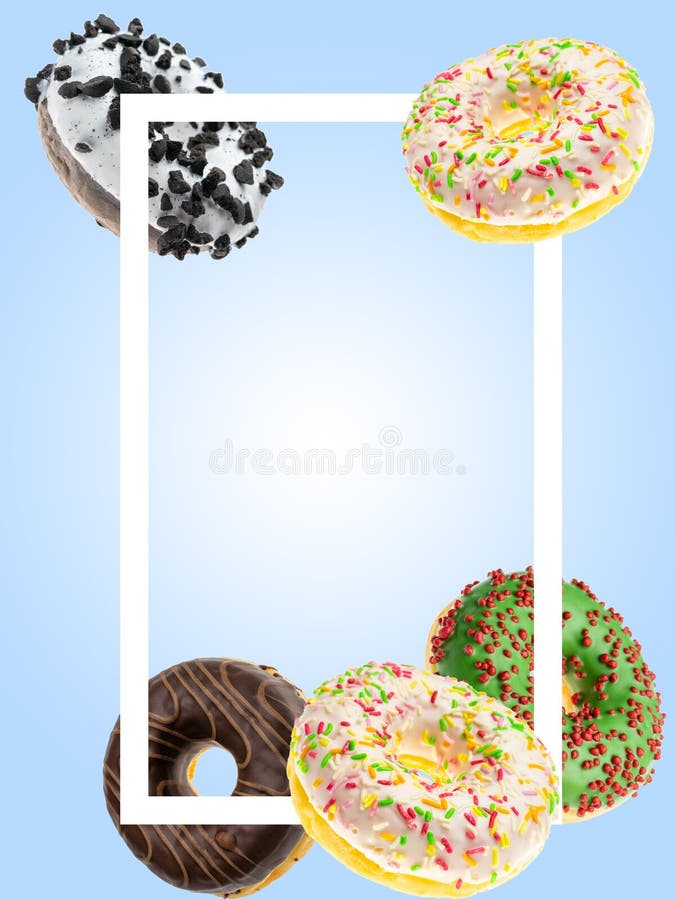 Flying Background. Falling Chocolate Donuts Isolated on Blue. Frame for ...