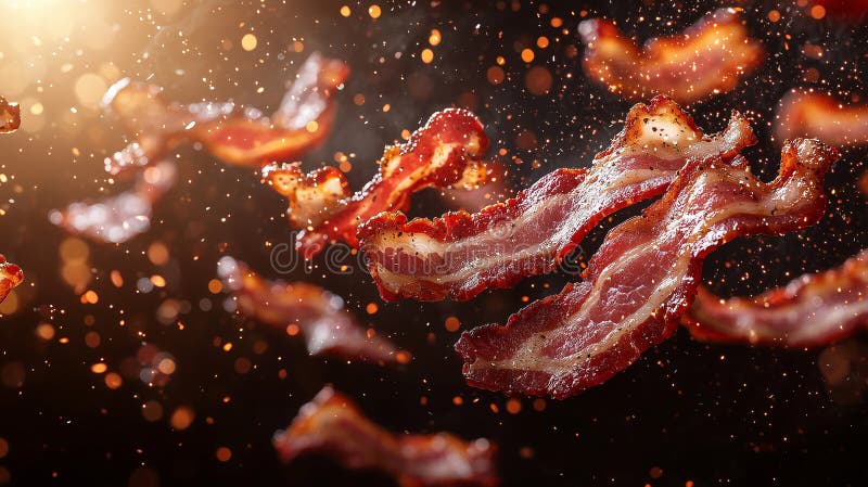 Flying Bacon in Dark Background, Falling Tossed Bacons and Pepper in ...