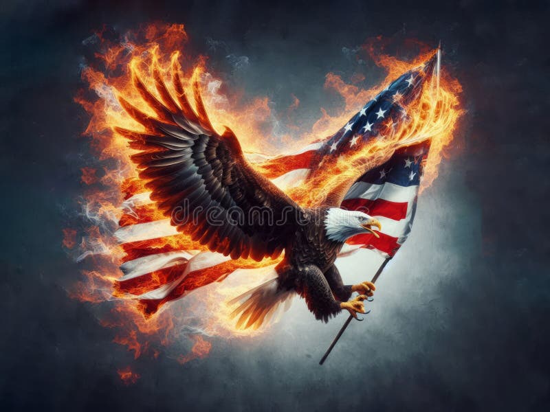 A Bald Eagle is on Fire Holding American Flag, Ai Generated Stock Image ...