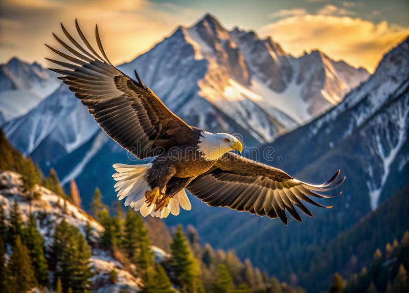 Flying Bald Eagle with Open Wings, Close-up on a Mountainous Landscape ...