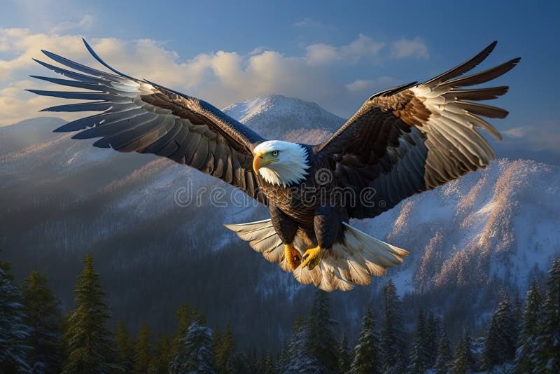 Flying Bald Eagle with Open Wings, Close-up on a Mountainous Landscape ...