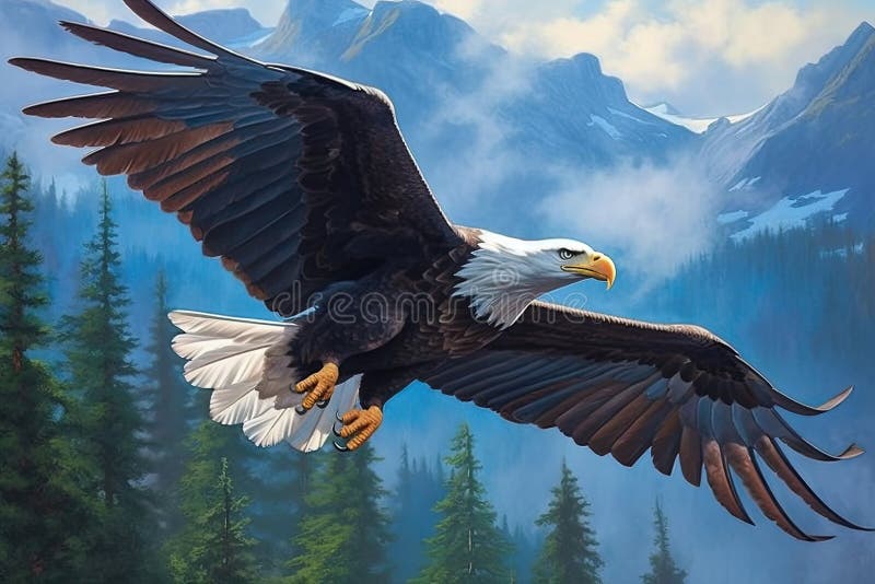 Flying Bald Eagle with Open Wings, Close-up on a Mountainous Landscape ...