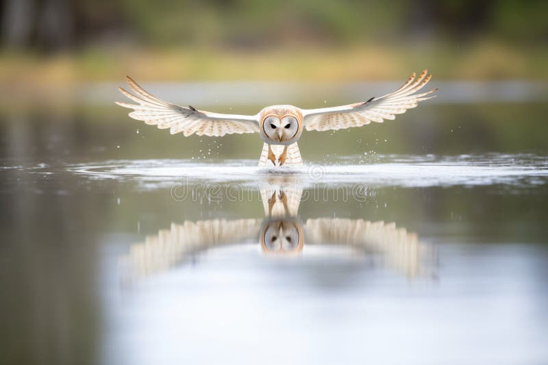Flying Barn Owl Reflected on a Calm Pond Stock Illustration ...