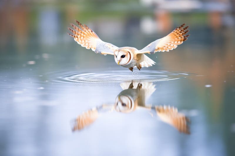 Flying Barn Owl Reflected on a Calm Pond Stock Illustration ...