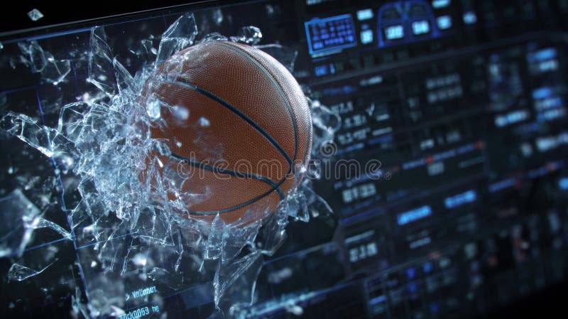 Flying Basketball Breaks through Digital Bracket Display during Intense ...
