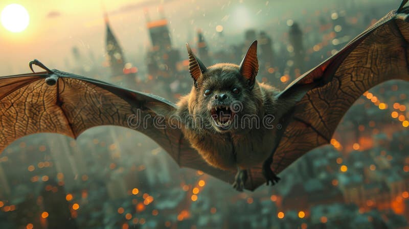 Flying Bat in Cityscape at Dusk - Generative Ai Stock Illustration ...