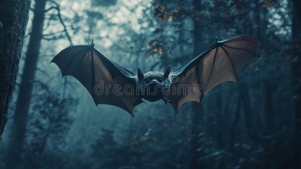 Flying Bat in Dark Forest at Night Stock Illustration - Illustration of ...