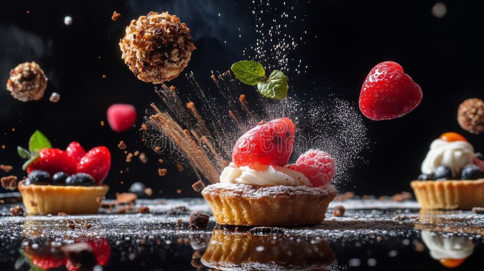 Flying Berries and Chocolate Pastries on Dark Background Stock ...
