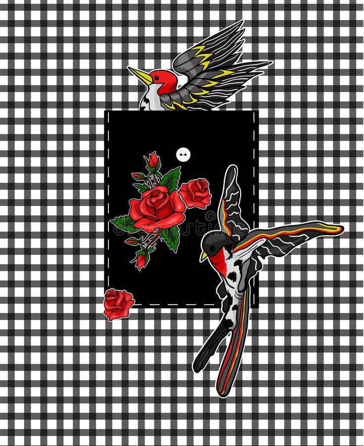 Flying Bird and Red Roses Stickers for Embroidery or Print Elements ...
