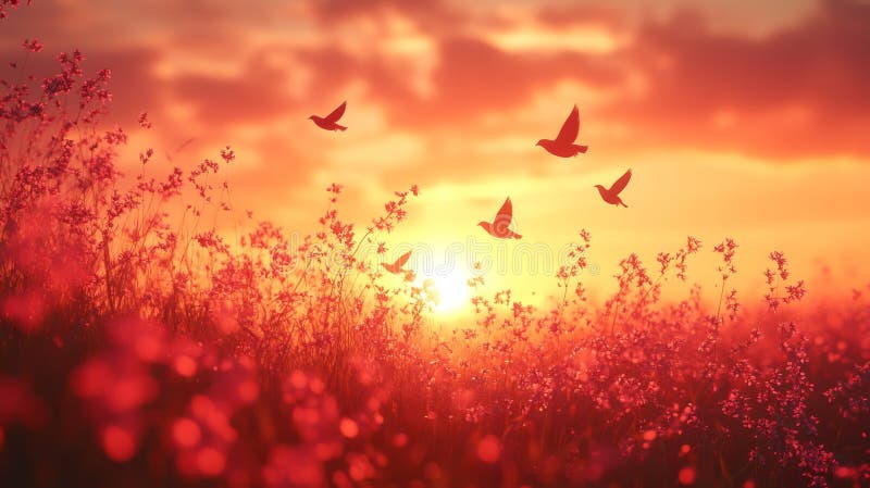 Flying Birds and Grass Flowers in Sunset Stock Illustration ...