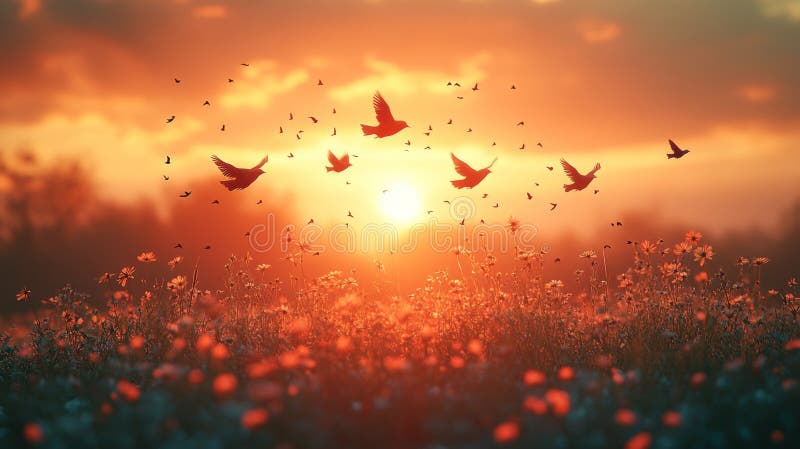 Flying Birds and Grass Flowers in Sunset Stock Illustration ...