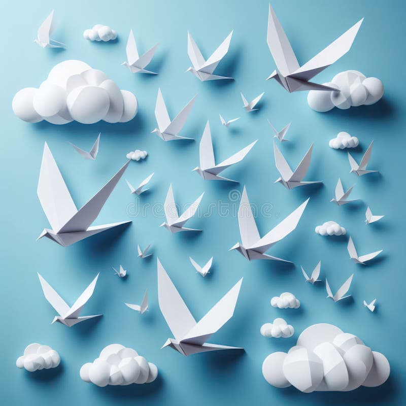 Flying Birds Made of Paper among the Clouds. Stock Illustration ...