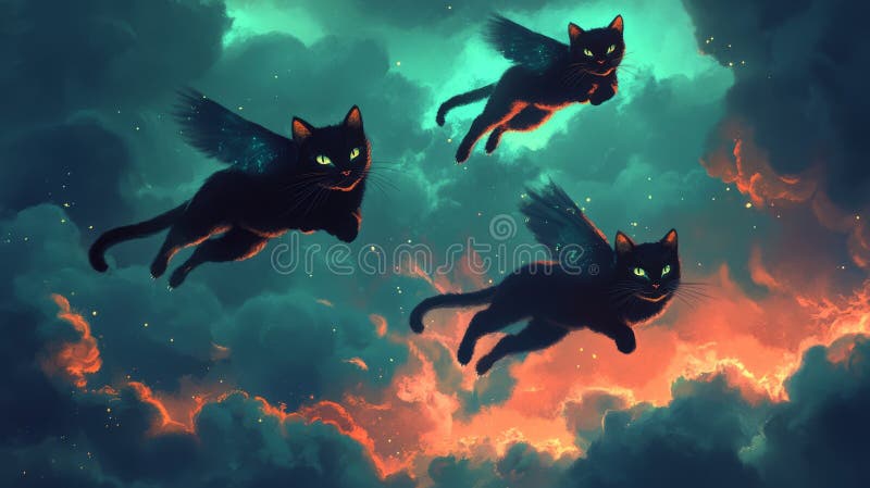 Flying Black Cats with Wings in a Dreamy Cloudy Sky Stock Illustration ...