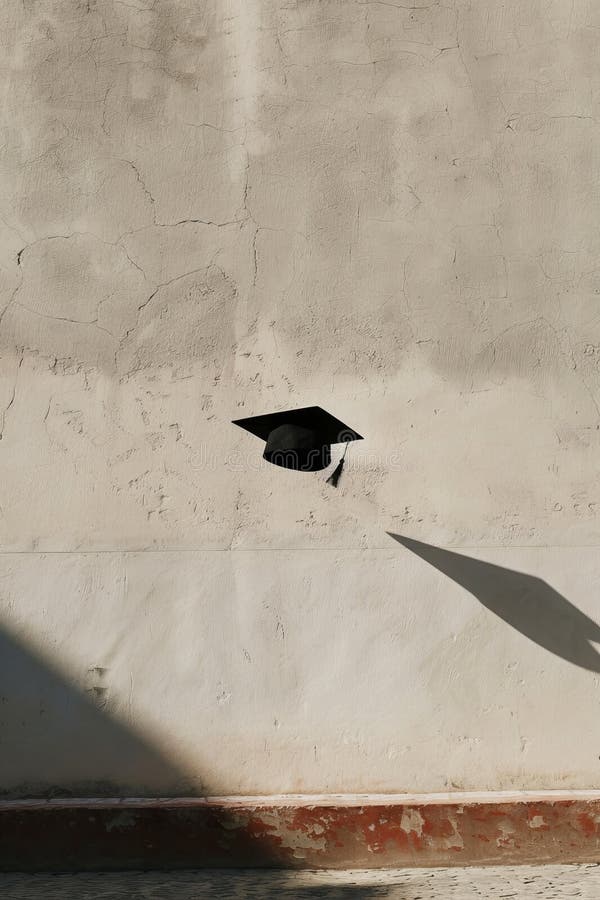 Flying Black Graduation Cap Casting a Shadow on a Beige Wall ...