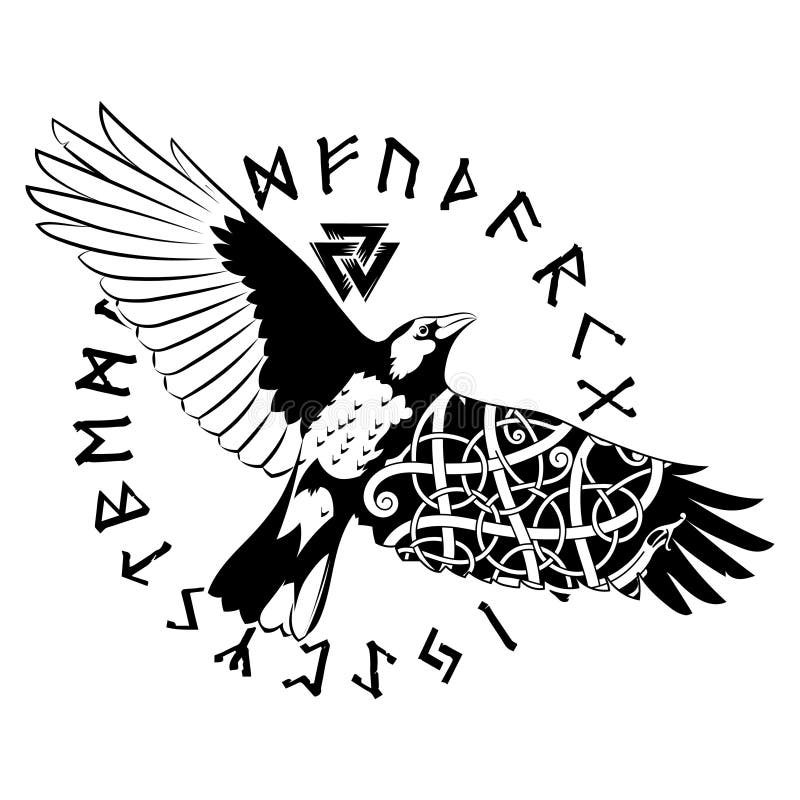 Flying Black Raven and Ancient Scandinavian Runes Stock Vector ...