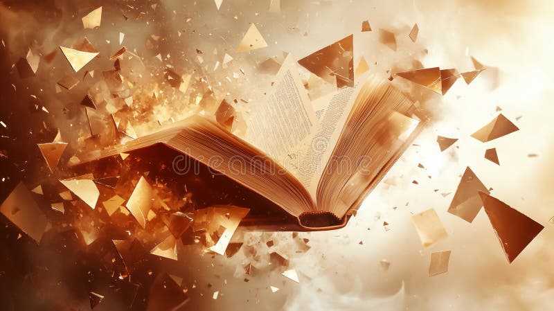 Flying Book Pages and Golden Fragments Exploding in a Glowing ...