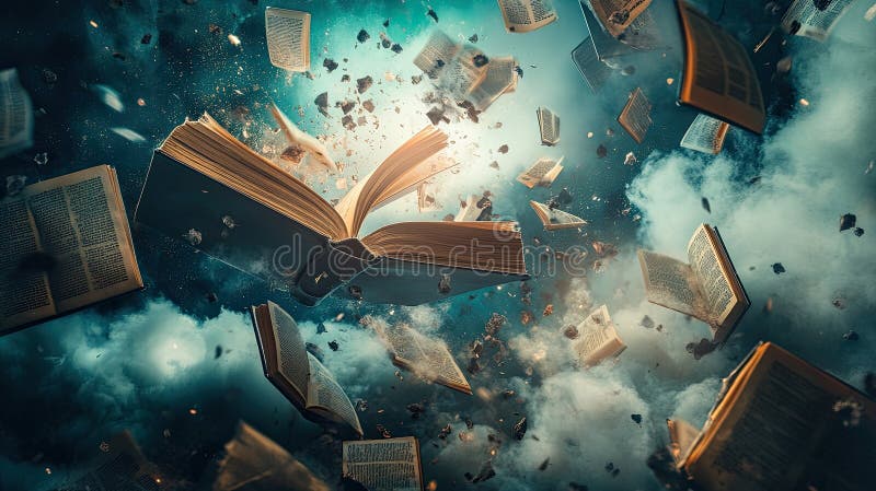 Flying Books in a Dark Teal Sky Stock Illustration - Illustration of ...