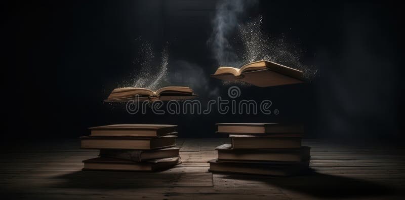 Flying Books and Stacks, Magic and Imagination. Created by Generative ...