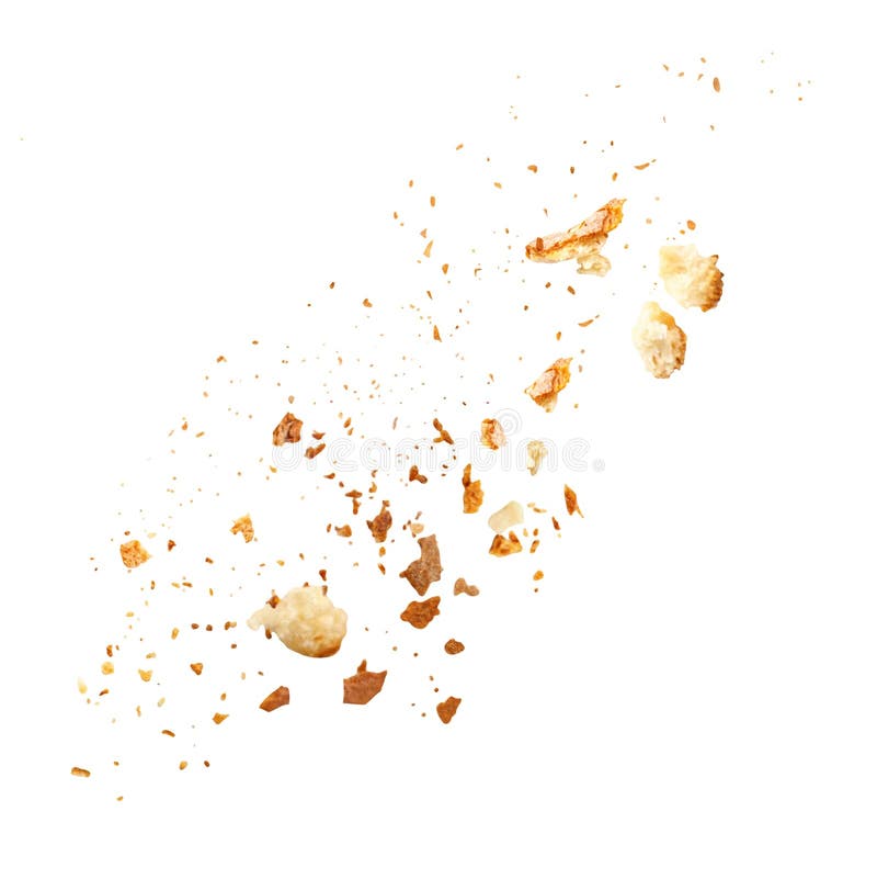 Flying Bread Crumbs Macro Isolated on White Background. Splash of ...