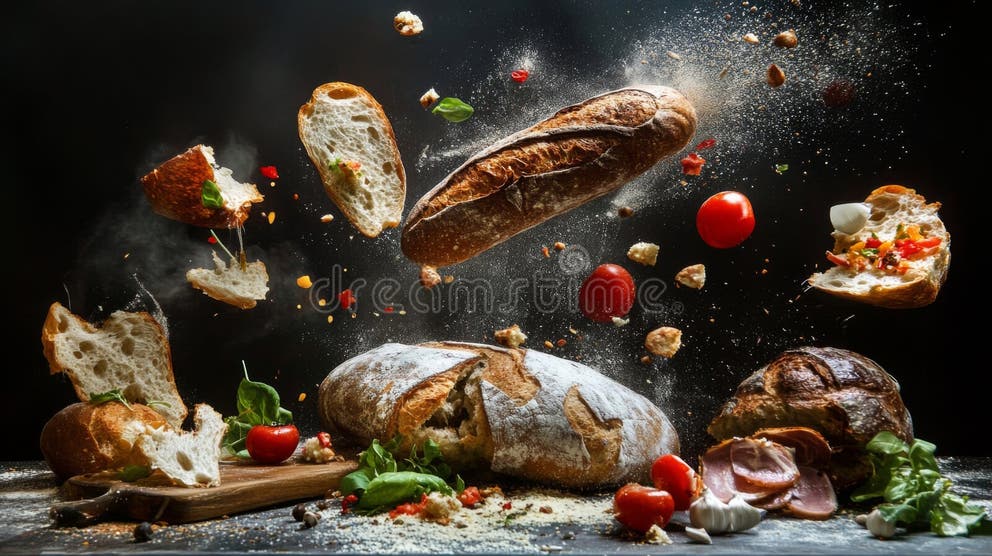 Flying Bread and Ingredients Against Dark Background Stock Illustration ...