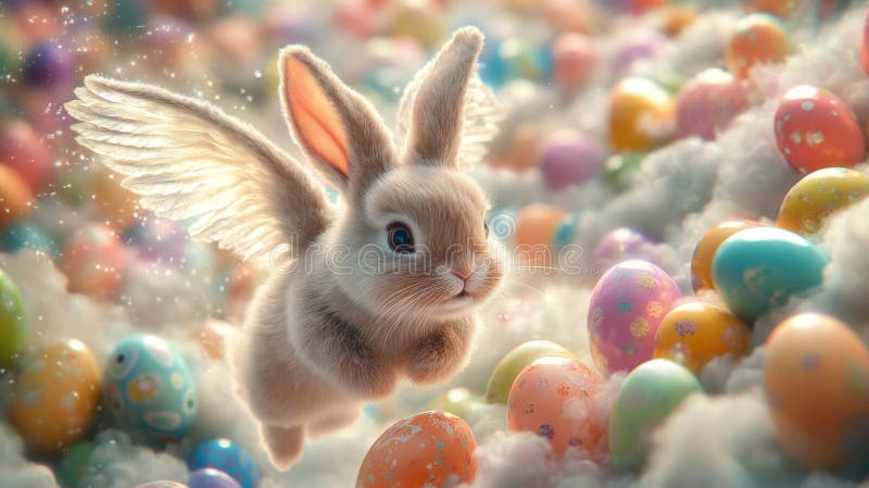 Flying Bunny Rabbit with Pastel Eggs Stock Illustration - Illustration ...