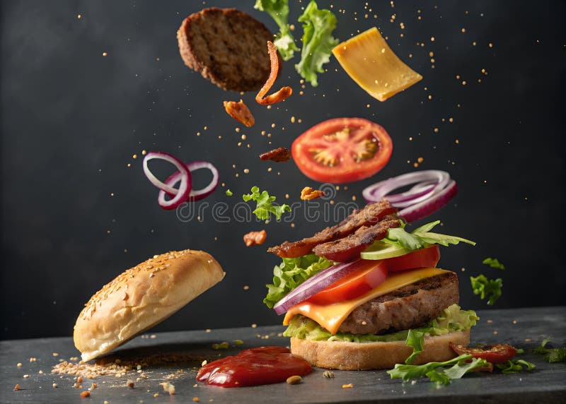 Explosive Burger Sensations: Flying Burgers with Fiery Ingredients ...