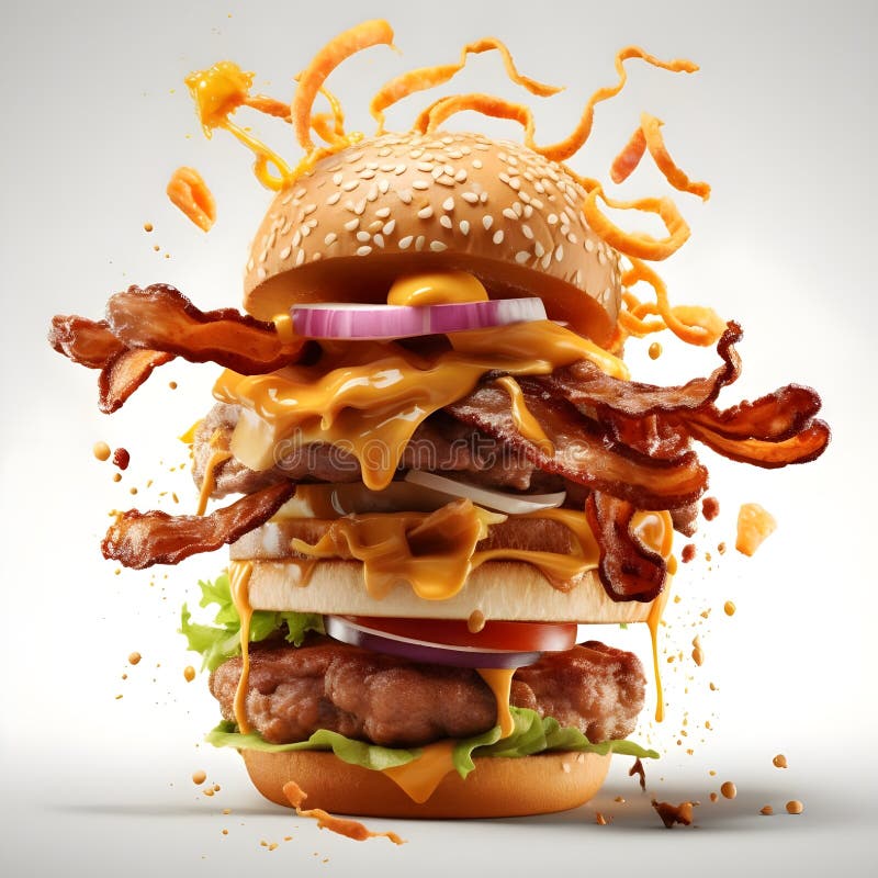 Flying Burger with Melted Cheese and Sauce Splash Isolated on a White ...