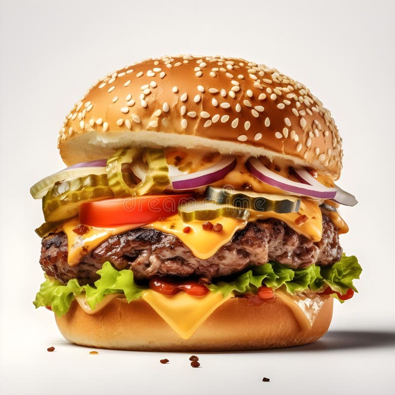 Flying Burger with Melted Cheese and Sauce Splash Isolated on a White ...