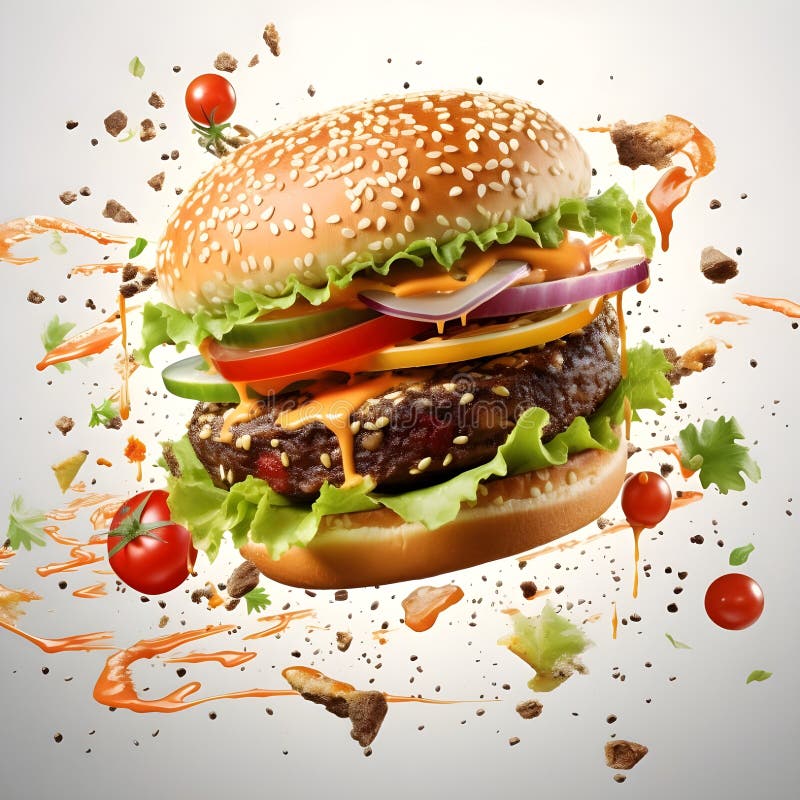 Flying Burger with Melted Cheese and Sauce Splash Isolated on a White ...