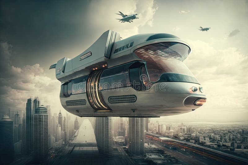 Flying Bus, with View of Futuristic City Visible Below Stock ...