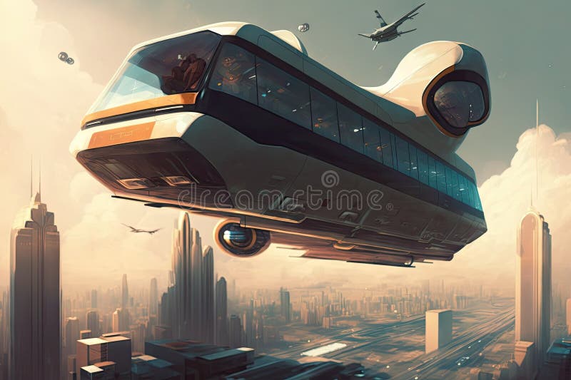 Flying Bus, with View of Futuristic City Visible Below Stock ...