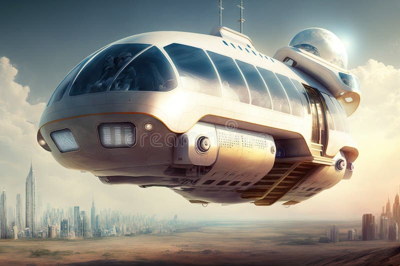 Flying Bus, with View of Futuristic City Visible Below Stock ...