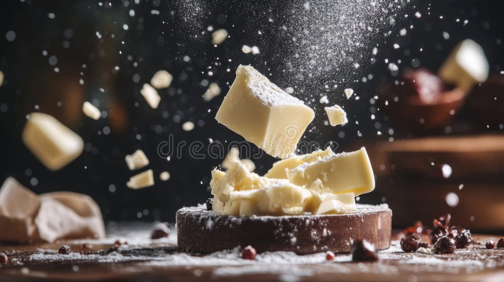 Flying Butter Chunks on Wooden Board Stock Illustration - Illustration of fresh, butter: 369760211
