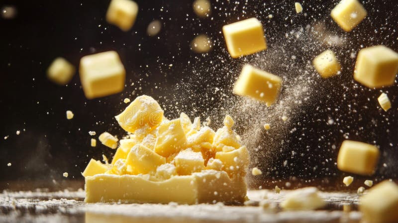 Flying Butter Cubes Exploding on Dark Background Stock Illustration ...