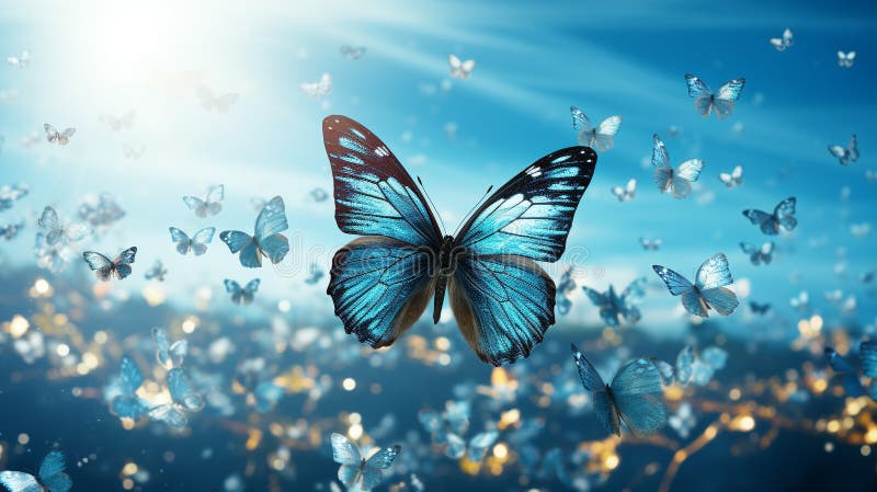Flying Butterfly Silhouette on Blue Sky Backdrop Background Stock ...