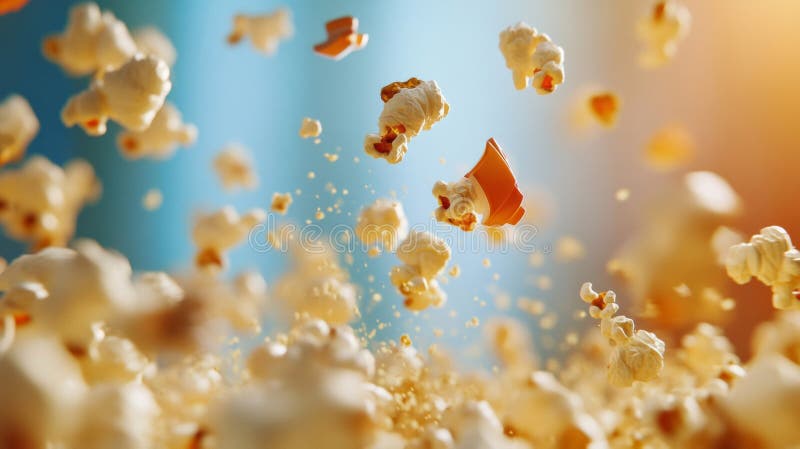 Flying Buttery Popcorn Against Blue and Orange Background Stock ...