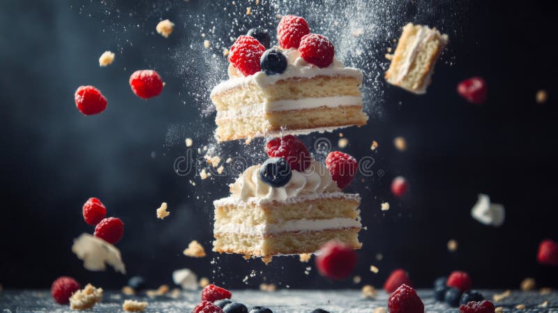 Flying Cake Pieces with Raspberries and Blueberries Stock Illustration ...