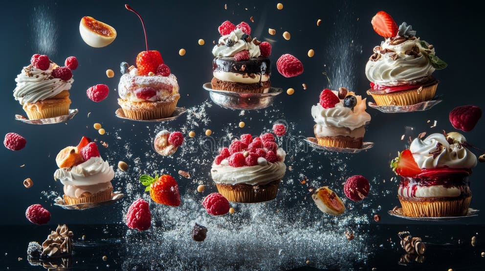 Flying Cakes with Berries and Whipped Cream Stock Illustration ...