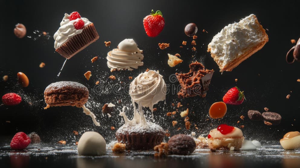 Flying Cakes and Pastries Dark Background Studio Shot Stock ...