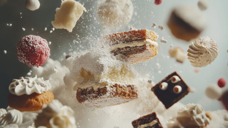 Flying Cakes and Pastries Explosion with Powdered Sugar Stock ...