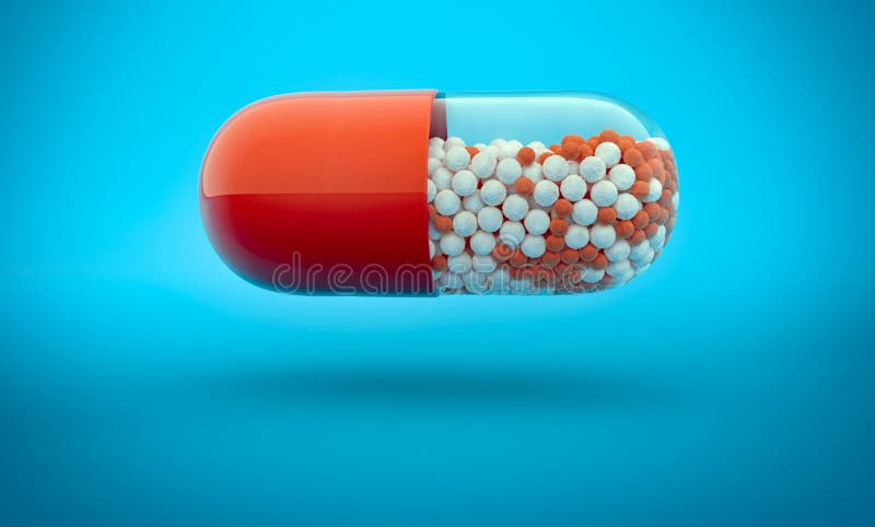 Flying Capsule Full of Red and White Granules on Blue Colored Backdrop ...
