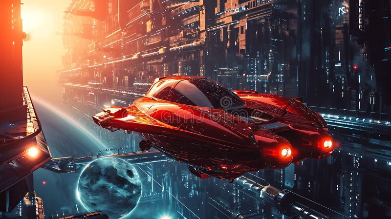 Flying Car Against a Backdrop of a Space Station. Copy Space Stock ...