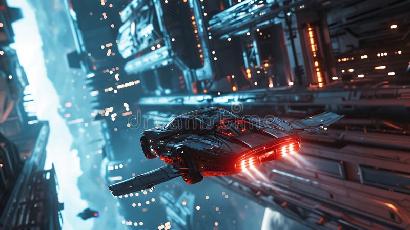 Flying Car Against a Backdrop of a Space Station. Copy Space Stock ...