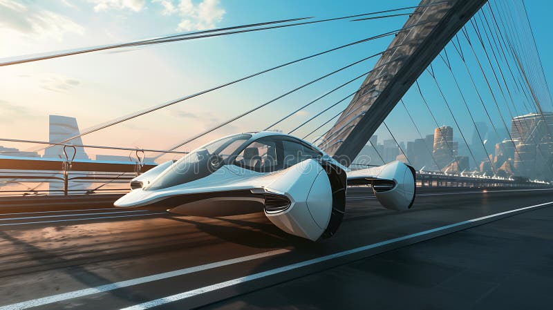 Flying Car Against a Futuristic Bridge. Copy Space Stock Illustration ...