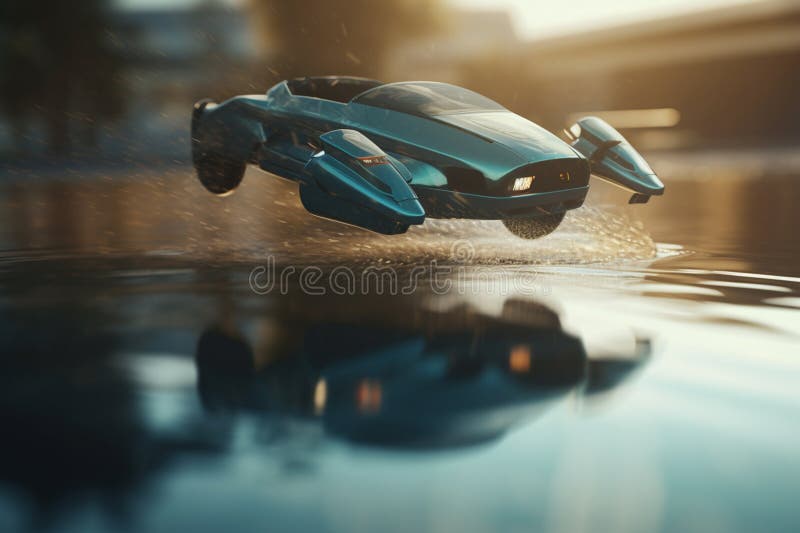 Flying Car Gliding Over the Ocean with AI Technology Stock Illustration ...