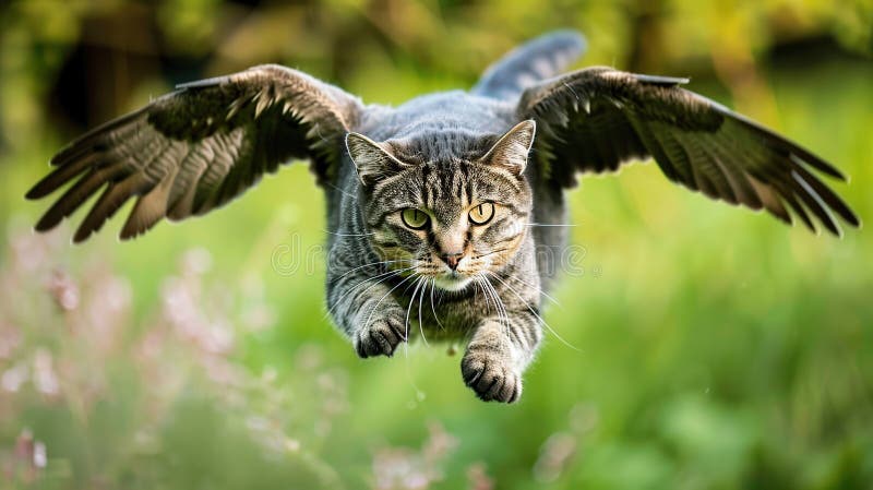 Flying Cat with Bird Wing Looking at the Top. Generative Ai Stock ...
