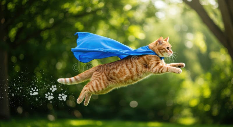 Flying Cat in Blue Cape Heroically Leaps through Sunny Garden Stock ...