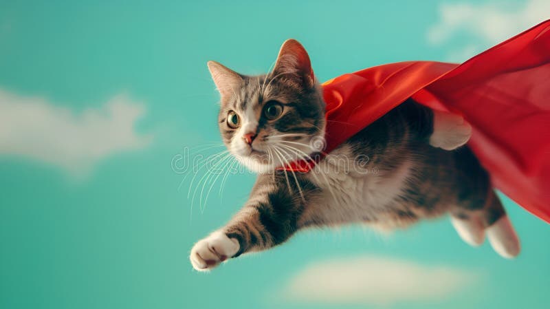 Flying Cat Superhero in Red Cape Soaring through Blue Sky Stock ...