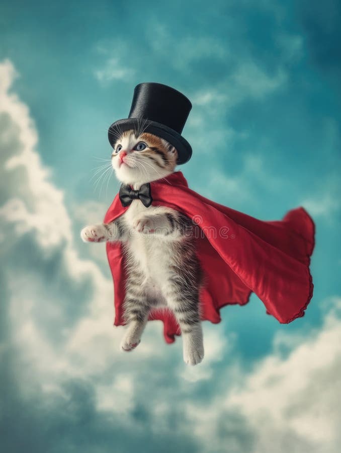 Flying Cat in Top Hat and Cape Stock Illustration - Illustration of ...