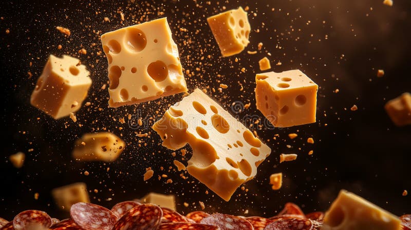 Flying Cheese in Dark Background, Falling Tossed Garlic with Pepperoni ...